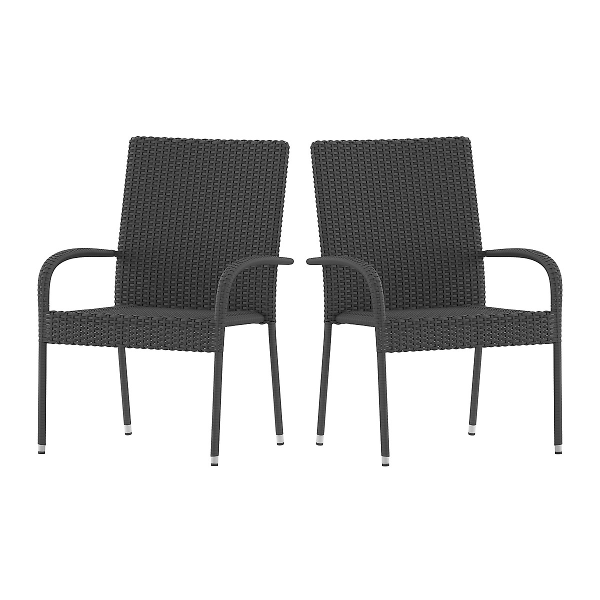 EMMA + OLIVER Sala Stacking All-Weather Patio Chair - Gray Woven Polyethylene Wicker - Powder Coated Steel Frame - for Indoor & Outdoor Use - Set of Four