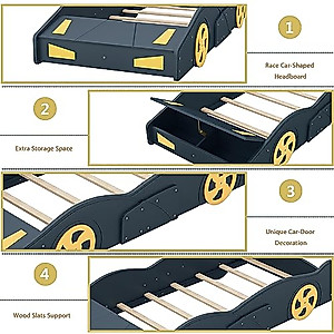 Nigwedete Twin Size Race Car-Shaped Platform Bed with Wheels, Wood Platform Bed Frame with Storage Space, Children Car-Shape Beds for Bedroom, Dark Blue+Yellow