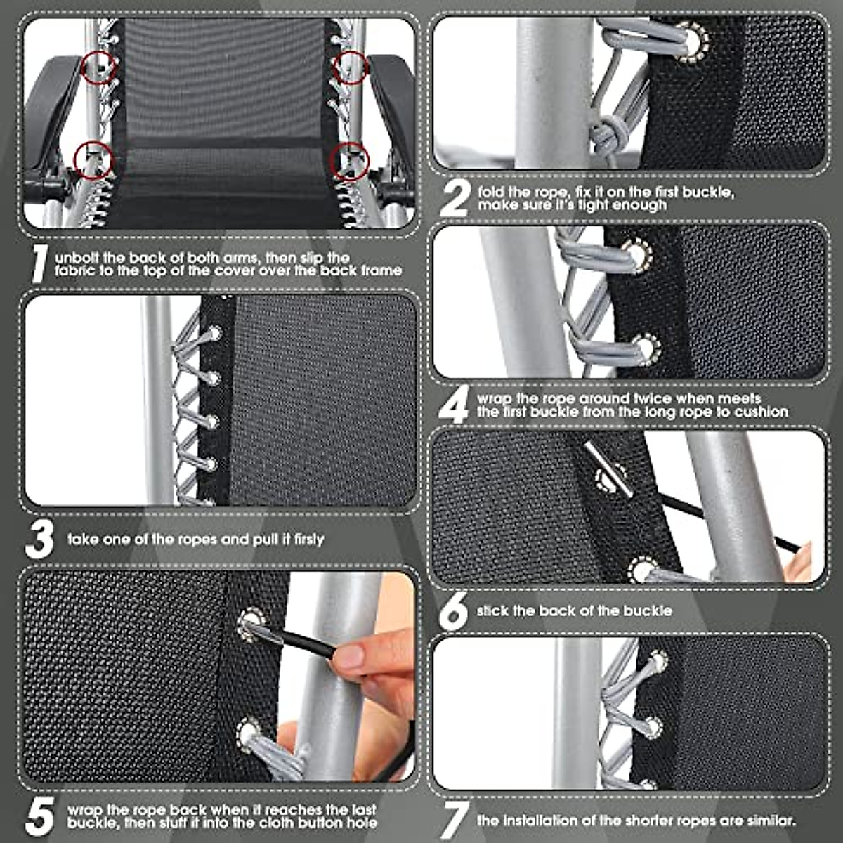 6 Pieces Gravity Chair Set, Gravity Chair Fabric, Gravity Chair Tray, Replacement Bungee Cord Trays for Carrying Cellphone, Snack, Water, Black Recliner Mesh Canvas Elastic Bungee Cord