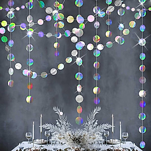 Fecedy 4 Pack Holographic Circle Shiny Garlands Iridescent Banner Hanging Streamer for Baby Shower Graduation Wedding Birthday Party Decoration