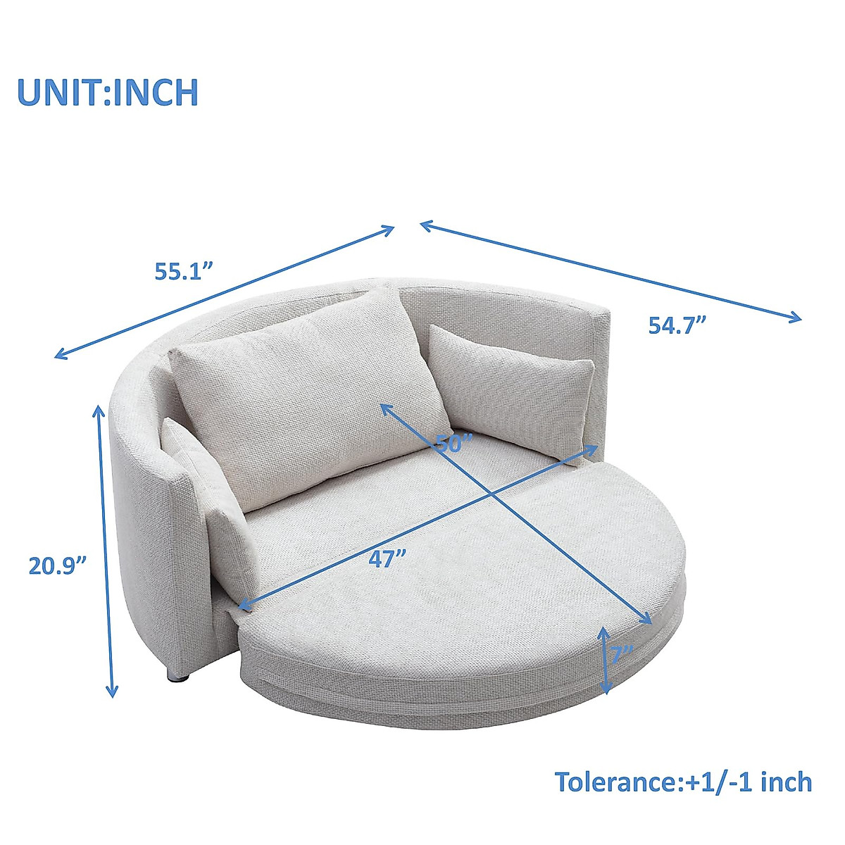 EXZLFA Oversized Round Foldable Sofa Sleeper Chair Bed， Fold Out Lazy Floor Recliner Convertible Two Layer Upholstered Wide Seat Couch with 3 Pillows for Living Room Bedroom Guest Room (Beige)