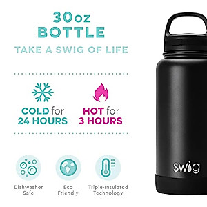 Swig Life 30oz Triple Insulated Stainless Steel Wide Mouth Water Bottle with Handle, Dishwasher Safe, Double Wall, Vacuum Sealed, Reusable Thermos (Black)