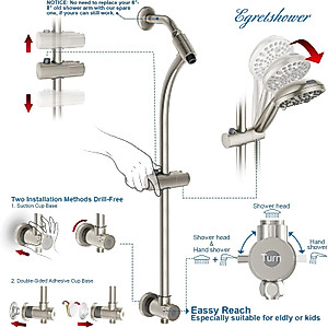High Pressure Handheld/Rain 82-mode 3-way Shower Head Combo with 25.75" Adjustable Drill-free Stainless Steel Slide Bar, Pet & Tub Power Wash and Anti-clog Nozzles, with 5ft Hose - Brush Nickel