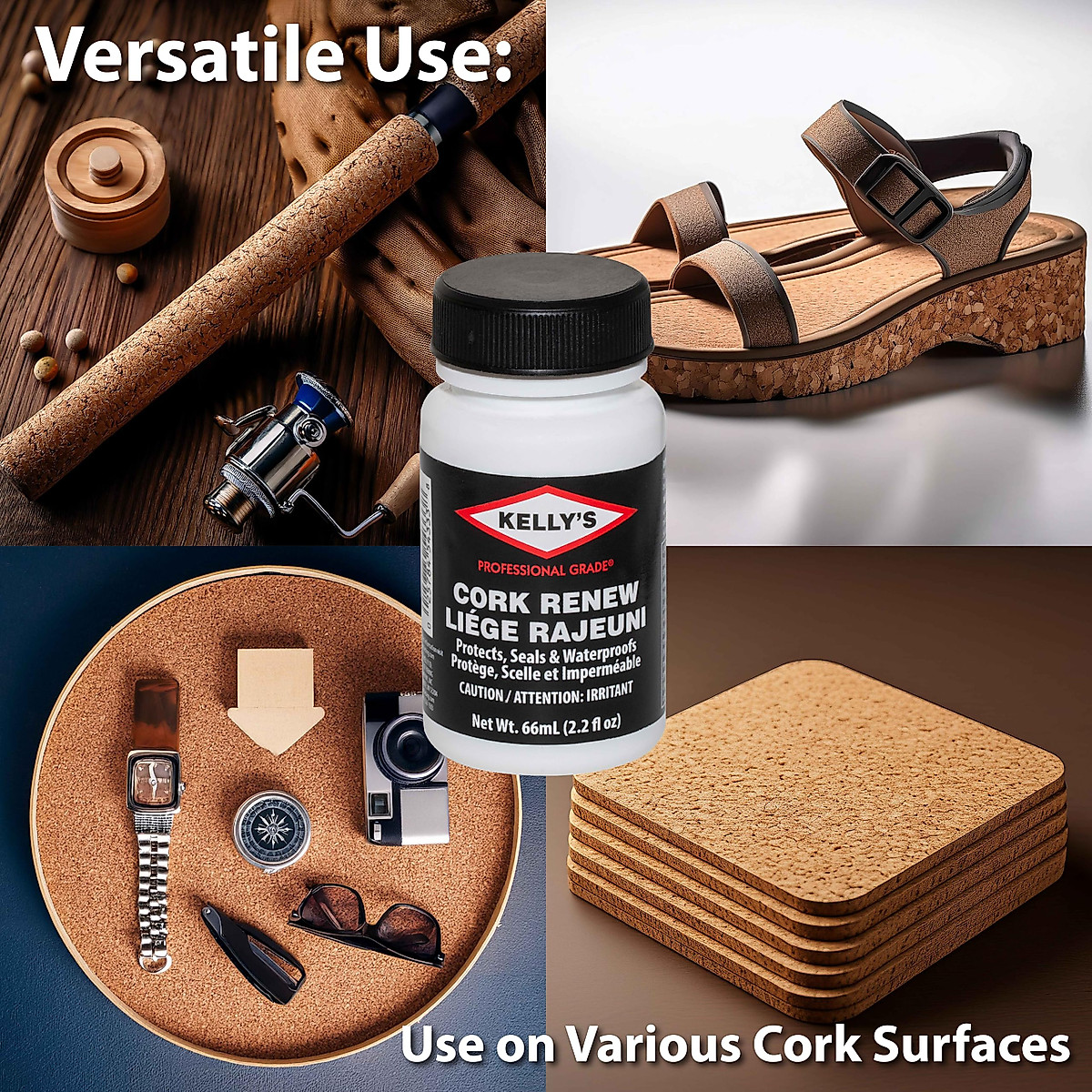 Kelly's Cork Renew Sealer (2.2 fl oz) - Waterproof & Protect Cork Surfaces w/ Brush Applicator - Water Based Formula Dries Clear, Prevents Drying & Breaking Down of Sandles, Shoes, Fishing Rod, Coasters