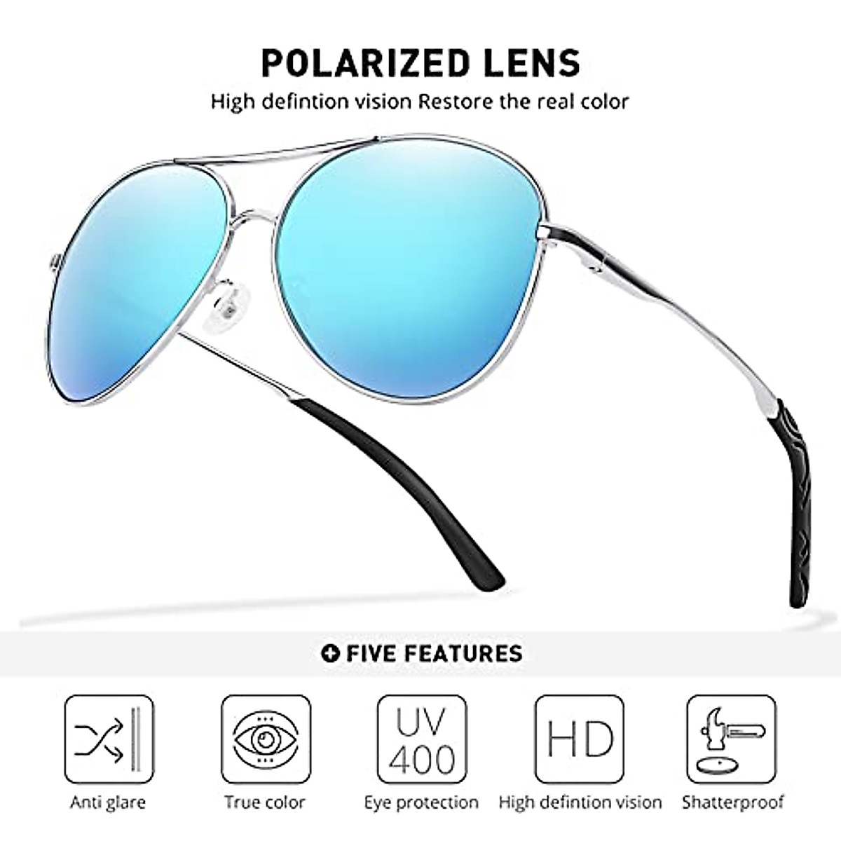 BOTPOV Aviator Sunglasses for Men Women Polarized UV400 Protection Mirrored Lens Metal Frame with Spring Hinges