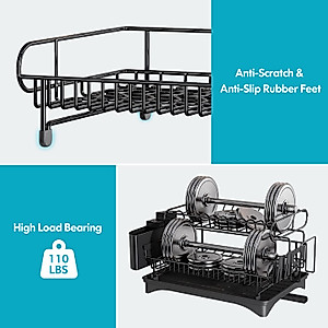 BOOSINY Dish Drying Rack for Kitchen Counter, 2 Tier Large Dish Drainer with Drainboard Set, Cutlery Holder, Cutting Board Holder and Extra Dryer Mat (Black - 304 Stainless Steel)