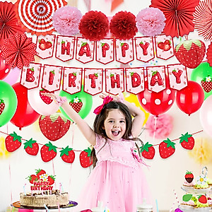Strawberry Birthday Party Decorations Set Include Strawberry Shortcake Birthday Banner Cake Toppers Balloons Paper Pompoms and Fans for Kids Girl Berry Sweet Themed Birthday Party Supplies Decor