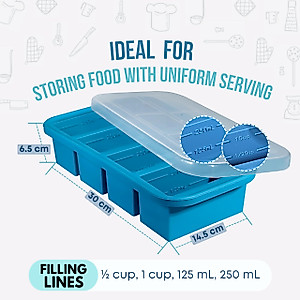 Sandunes 1 Cup Silicone Freezer Molds - Soup Cubes Perfect for Freezing Soup, Sauce, Rice, Leftovers and More - Silicone Freezer Trays with Lids for Meal Prep - Blue - 2-Pack