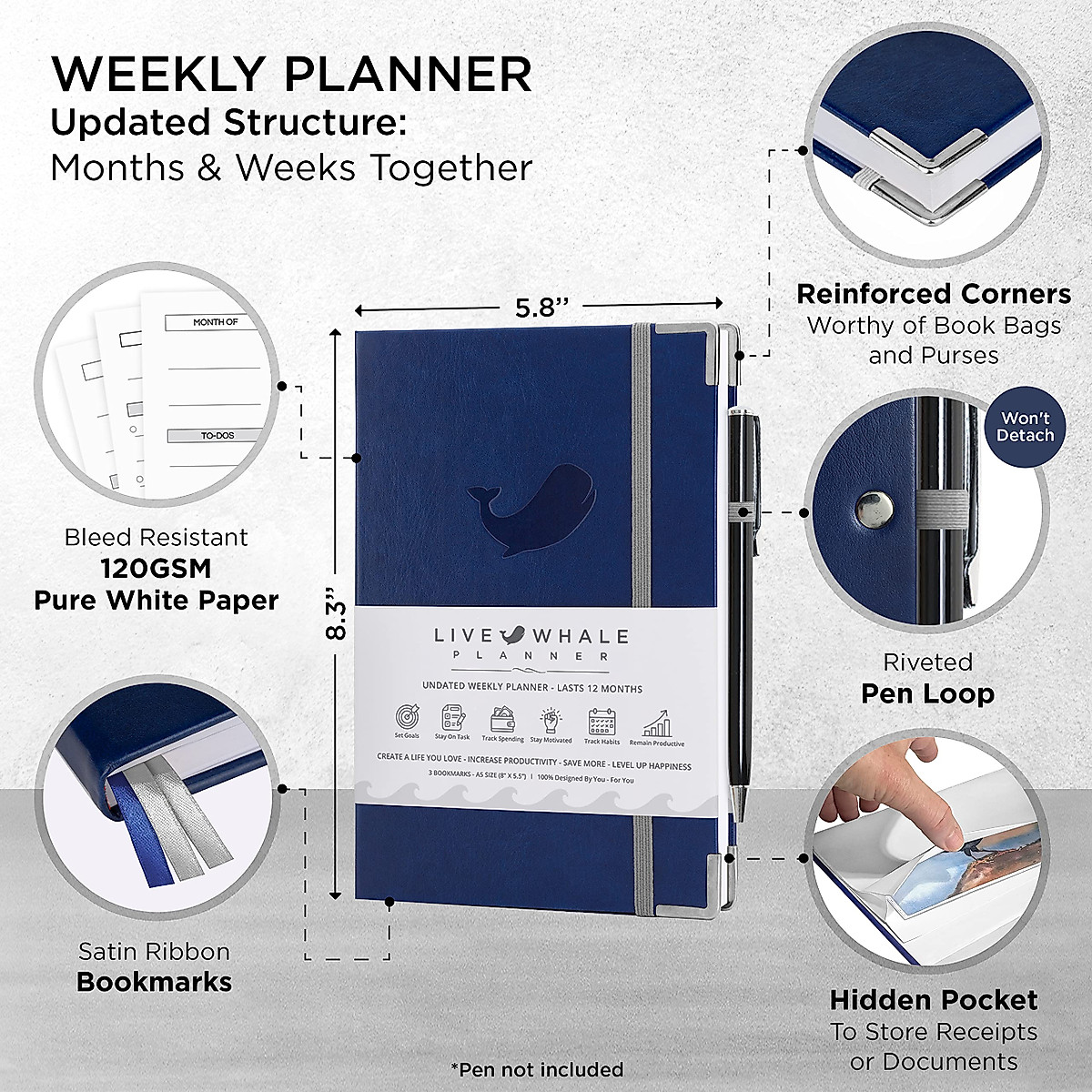 ) Live Whale Planner - Undated Weekly Planner, Personal Hourly Planner - Habit Tracker Crafted to Increase Productivity, Track Goals and Achieve Well Being. (Blue/Grey)