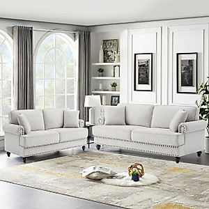 Asucoora Rolled Arm Chenille Upholstered Loveseat, 2-Seater Sofa Couch with Nailhead Trim and 2 Pillows Gray