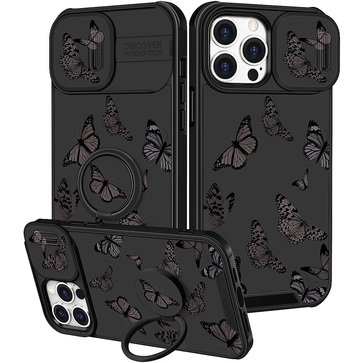 Goocrux (2in1 for iPhone 13 Pro Max Case for Women Butterfly Girls Girly Phone Cover Cute Black Butterflies Unique Design with Slide Camera Cover+Ring Holder Fashion Cases for Apple 13 Pro Max 6.7''