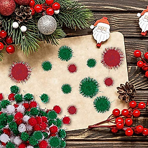 BQTQ 1200 Pieces Christmas Pom Pom Tinsel Pom Pom Balls Glitter Fluffy Pom Pom for Craft Making and Christmas Decorations (4 Sizes, White, Green, Red)