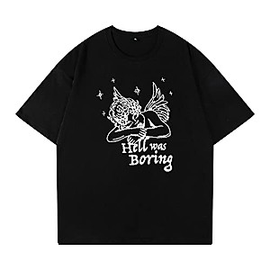 Tuislay Oversized Graphic T Shirts for Women Preppy Boyfriend Tees Cute Angel Print Loose Fit Baggy Aesthetic Tshirt Tops(Black,M,Medium)