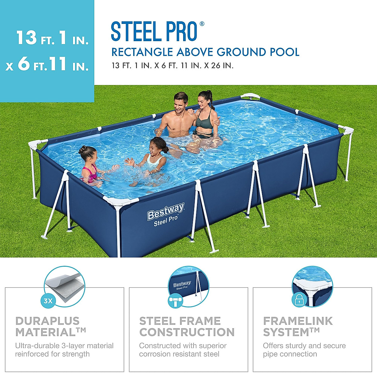 Bestway Steel Pro 13 Feet x 7 Feet x 32 Inch Rectangular Metal Frame Above Ground Outdoor Backyard Swimming Pool, Blue (Pool Only)
