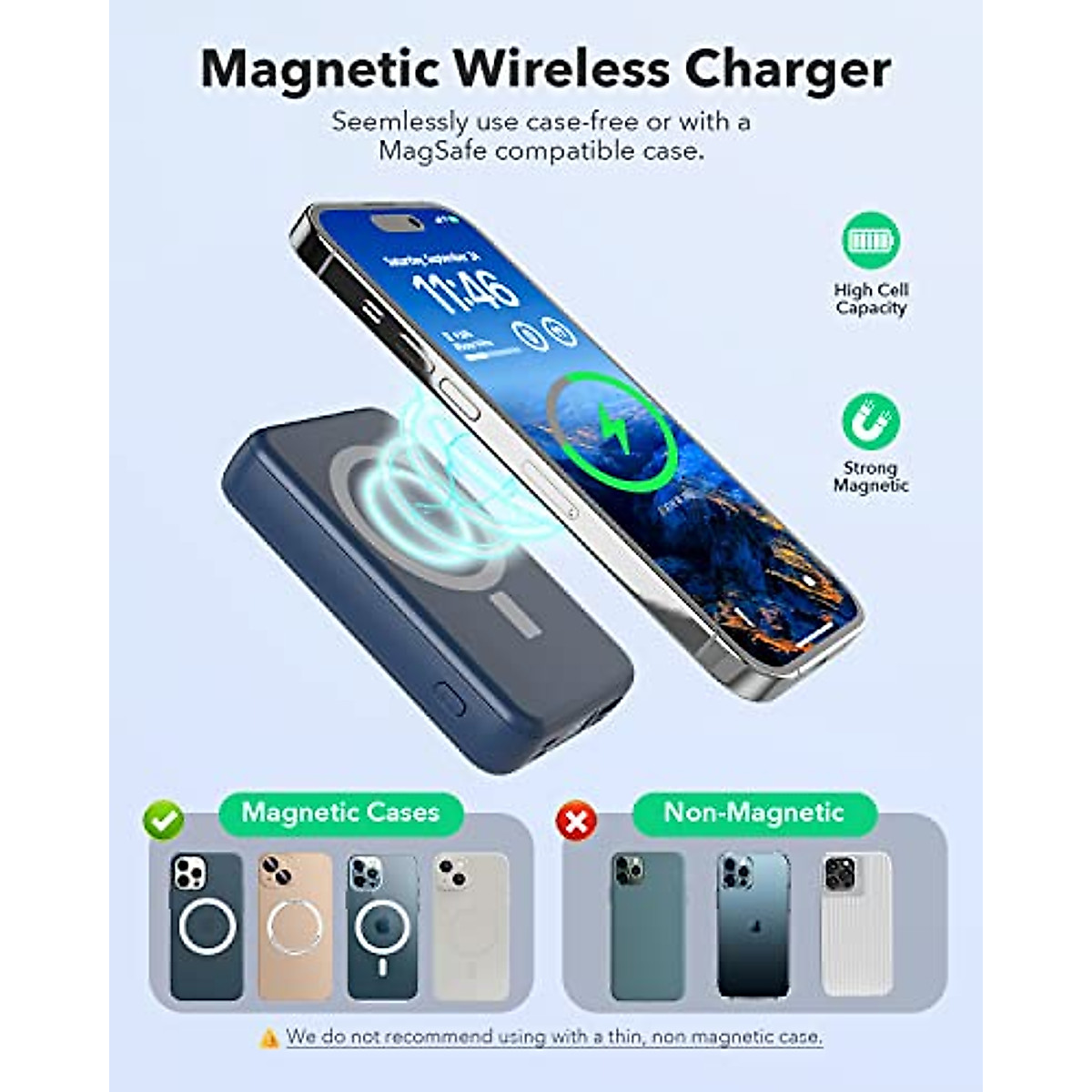 Wireless Portable Charger with Built in Cables,10000mAh Magnetic Power Bank Mini Battery Pack,4 Output 4 Input LED Display USB-C for iPhone 14/13/12/11/X Pro Max/Pro/Mini/Plus Android (Blue)