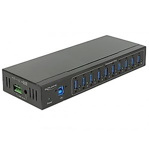 DeLOCK External Industry Hub 10 x USB 3.0 Type-A with 20 KV ESD Protection - Hub - 10 x SuperSpeed USB 3.0 - DIN Rail Mountable - Wall Mountable - DC, Black