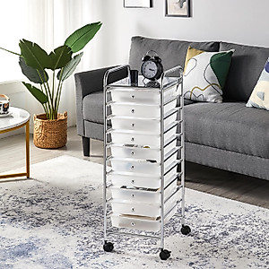 Topeakmart Plastic Trolley with 10 Drawers Rolling Cart Organizer Utility Cart Storage Bin Organizer on Wheels, White