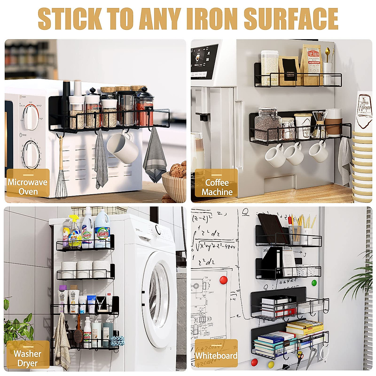 Lunememo Magnetic Spice Rack for Refrigerator - 8 Hooks - 4 Pack Magnetic Shelf Organizer for Fridge, Microwave Oven and Whiteboard - Space Saving Seasoning Rack for Small Kitchen, Black