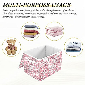 Kigai Storage Basket Pink Flower Storage Boxes with Lids and Handle, Large Storage Cube Bin Collapsible for Shelves Closet Bedroom Living Room, 16.5x12.6x11.8 In