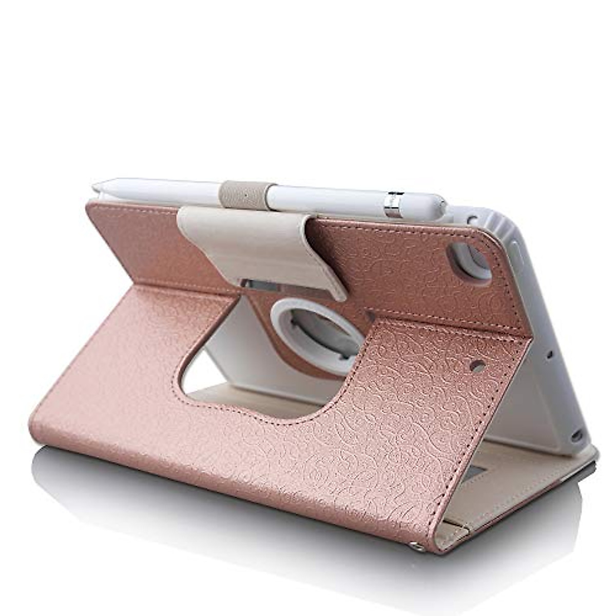 Thankscase Case for iPad Mini 5 7.9" 2019 / iPad Mini 4 2015, Rotating Case Leather Cover with Pencil Holder, Swivel Case Build in Hand Strap, Wallet Pocket for iPad Mini 5th Gen (Rose Gold)