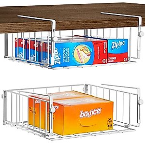 AmonHouseware 2 Pack Hanging Under Shelf Storage Basket,Adjustable Under Cabinet Add-on Storage Racks Slide-in Baskets Organizer for Laundry Room Kitchen Pantry Desk Bookshelf, White
