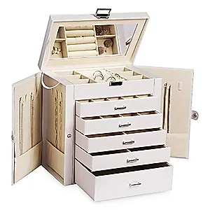 Frebeauty Large Jewelry Box,6-Tier PU Leather Jewelry Organizer with Lock,Multi-functional Storage Case with Mirror,Accessories Holder with 5 Drawers for Earrings Necklace Bracelets (Pearl White)