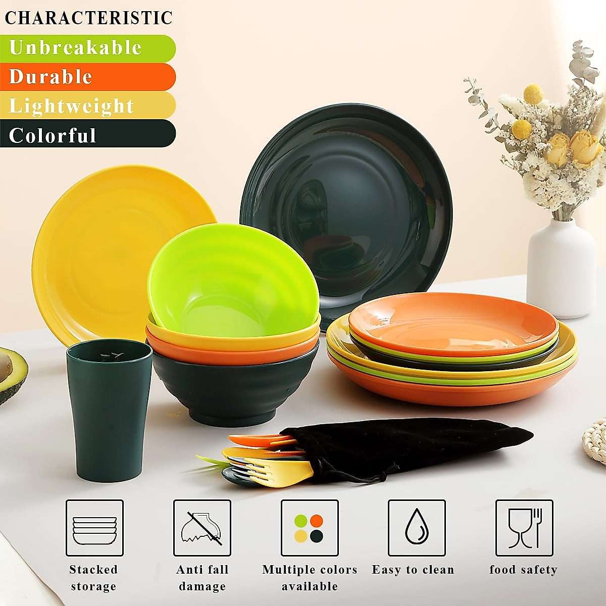 Evanda Plastic Dinnerware Set 28 Piece, Reusable Light Weight Mugs, Bowls, Dishes, Knives, Forks, Spoons for Camping Picnics And Everyday Use, Dishwasher Safe (Mutil Color)