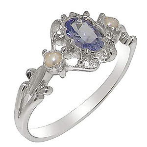LetsBuyGold 10k White Gold Natural Tanzanite & Cultured Pearl Womens Statement Ring - Size 9.25