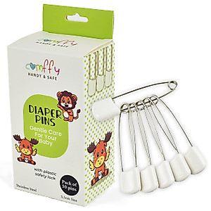 Comffy 50 PCS Diaper Pins - Stainless Steel Pins with Plastic Safety Lock, Large Nappy Pins with White Plastic Heads, 5.5cm x 1.1cm - Safety Pins for Baby Cloth Diapers
