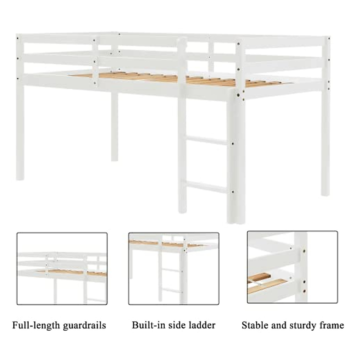 LoLado Loft Bed for Kids with Ladders and Guard Rails,Solid Wood and Sturdy Low Loft Bed Frame for Boys Girls and Junior,No Box Spring Needed,Easy to Assembly,Twin(White)