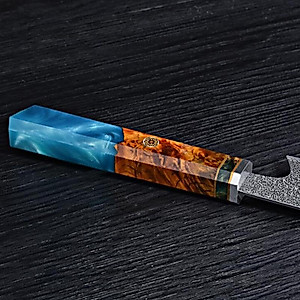 Seido Knives Kiritsuke Damascus Steel Chef Knife Epoxy Resin Stabilized Wood Handle Professional Kitchen Knife VG10 High Carbon Stainless Steel, Sky Blue