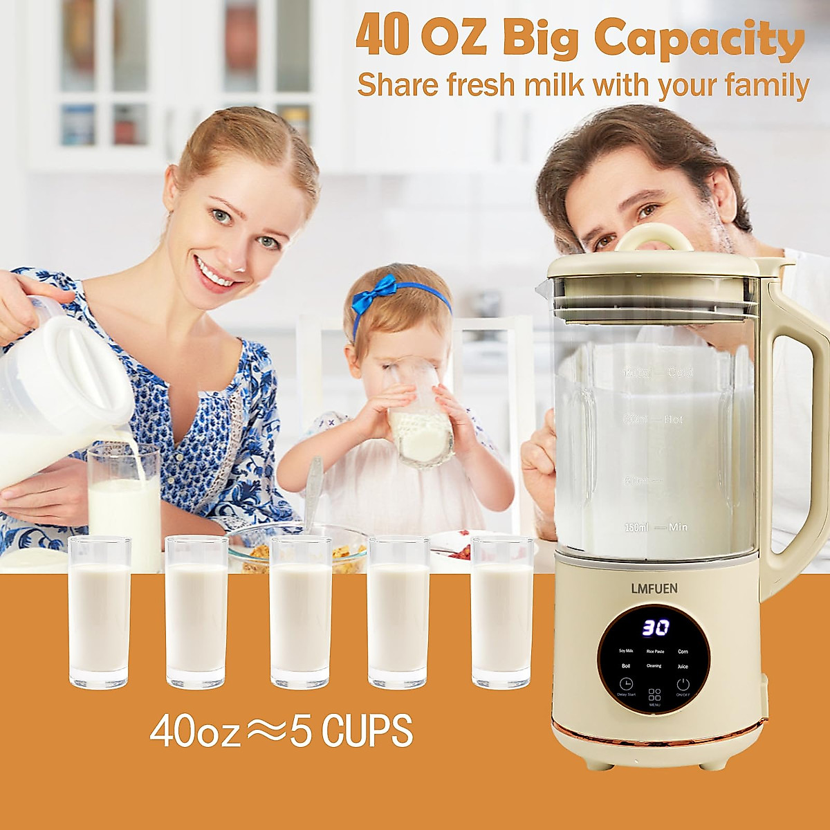 Automatic Nut Milk Maker,40oz Soy Milk Maker for Homemade Almond,Oat,Soy Milk,Plant-Based Milk,Soup Maker Machine,Milk Maker Machine with Delay Start/Keep Warm/Self Clean/Boil Water (White)