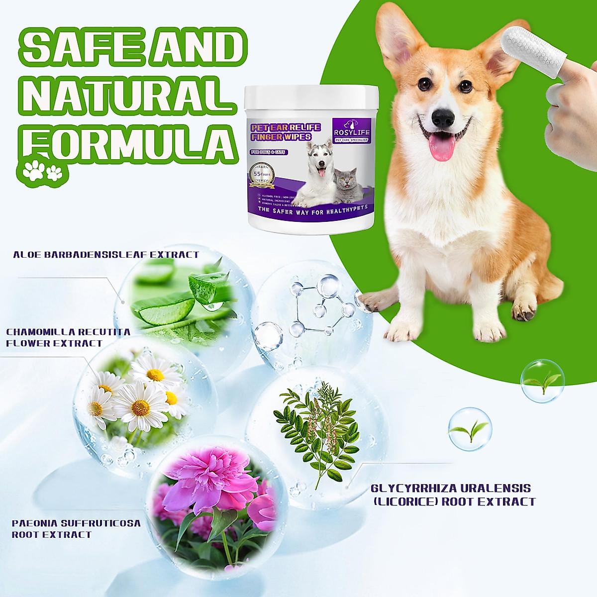 RosyLife PET Ear Cleaner Finger Wipes, Ear Finger Wipes, Ear Cleaning Finger Wipes for Dogs & Cats, Gently Removes Dirt & Odor, Dissolves Wax Build-Up, Easy to Use, Natural Ingredients - 55 Count