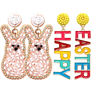 Easter Earrings Beaded Bunny Egg Letter Dangle Earrings for Women Cute Pom Pom Rabbit Holiday Earrings Festive Jewelry Party Gifts (Easter Bunny)