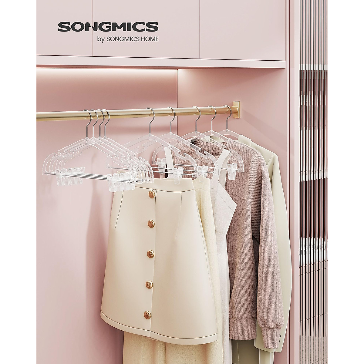SONGMICS Pants Hangers 30 Pack, Clear Plastic Hangers, 16 x 8.9 Inches, Skirt Hangers with Adjustable Clips, Wide Shoulder Notches, 360° Swivel Hook, for Pants, Skirts, Dresses, Clear UCRP075W01