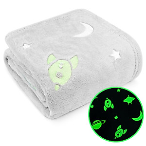 PAVILIA Glow in the Dark Blanket, Spaceship Space Gift for Girls Boys, Toy Blanket for 1 2 3 4 5 6 7 8 9 10 Year Old Boy, Soft Plush Fleece Kids Gift Blanket for Birthday, Christmas, Room Decor, 50x60