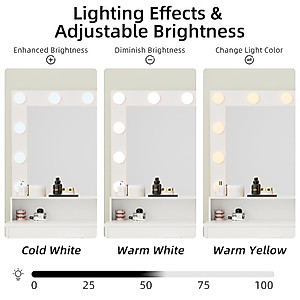 JUMMICO 39.3'' Vanity Desk with LED Lighted Mirror &Power Outlet, Makeup Vanity Table with 4 Large Drawers and 3 Storage Shelves, 3 Model Adjustable Lights for Bedroom & Dressing Room (White)