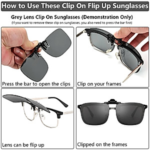 CAXMAN Non Polarized Clip On Sunglasses Over Prescription Glasses for Men Women Flip Up Grey Lens 100% UV Protection Large Size