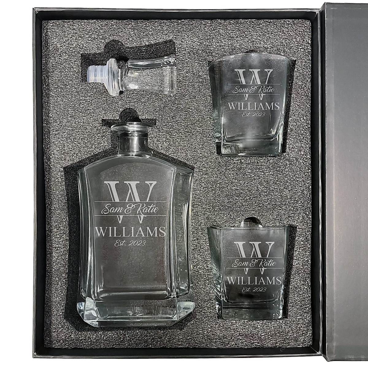 Custom Engraved Couples Wedding Glass Decanter Gift Set - Personalized for Housewarming, Anniversary (Decanter and 2 Glasses)