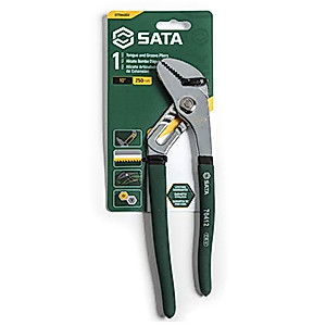 SATA 10-Inch Tongue-and-Groove Pliers, Straight Jaw Design, with Chrome Vanadium Steel Construction and Green Dipped Handles - ST70412ST