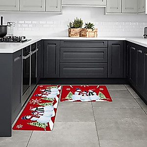 Libaoge Kitchen Mat Rug Set of 2 Christmas Snowman Xmas Tree Snowflake Red Runner Rug Anti-Fatigue Comfort Memory Foam Standing Mat Non-Slip Floor Door Mat for Bathroom Bedroom 18x30in+18x48in