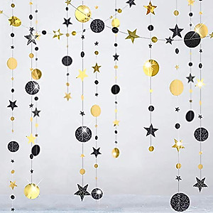 Black Gold Party Decorations Moon Star Garland Hanging Stars Circle Streamer Banner Backdrop Decor for Ramadan Wedding Birthday Bachelorette Bridal Shower New Year EID Graduation Party Supplies