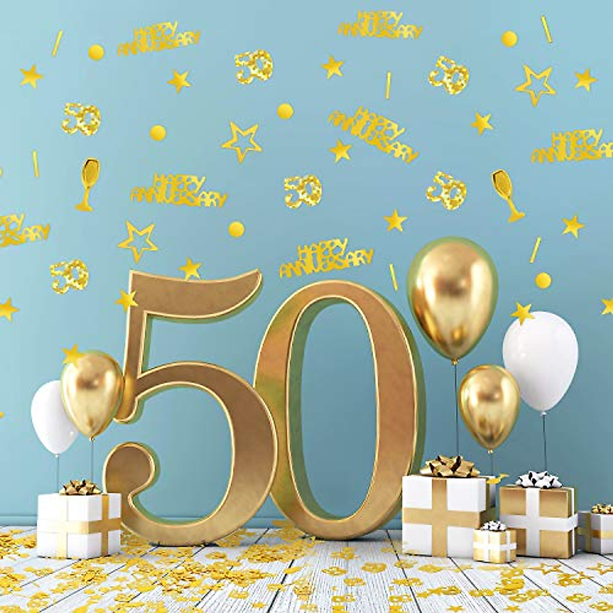 50th Happy Anniversary Confetti 50th Party Confetti Number 50 Anniversary Confetti Metallic Foil Star Circles Mix Confetti for Table Decorations Party Supplies Anniversary DIY Art, Gold, 3000 Pieces