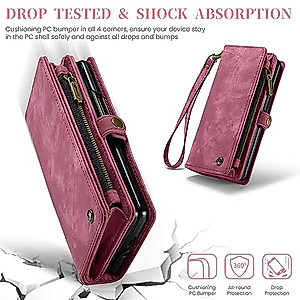 protective filp case Wallet Case Compatible with Samsung Galaxy Z Fold 5,2 in 1 Detachable Premium Leather Magnetic Zipper Pouch Wristlet Flip Phone Case,Matte Soft Leather+TPU Bottom Shell Case W Car