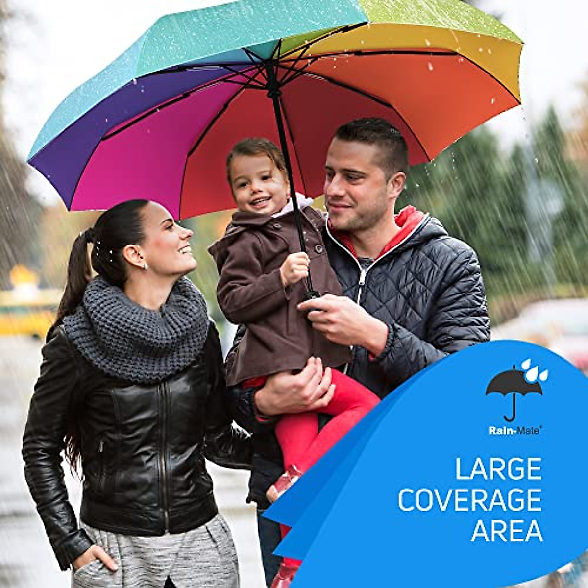 Rain-Mate Compact Travel Umbrella - Pocket Portable Folding Windproof Mini Umbrella - Auto Open and Close Button and 9 Rib Reinforced Canopy (Rainbow)