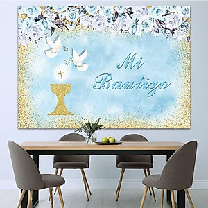 7x5ft Mi Bautizo Backdrop for Boy Baptism Gold Bless Background Blue Flower Golden Dots Photography Baby Shower Banner Party Decorations Floral Newborn Baby Shower Photo Booth Props