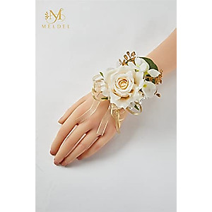 Meldel Champagne Prom Flower Wrist Corsage for Wedding, Set of 6, Rose Wrist Flower for Mother of Bride and Groom , Bride Bridesmaid Girl Women Party, Homecoming Ceremony Anniversary