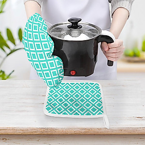 2Pcs Oven Mitts and Pot Holders Set, Mint Green White Coral Diamond Pattern Oven Mitts Gloves Set Heat Resistant Hot Pads for Kitchen Cooking Grill