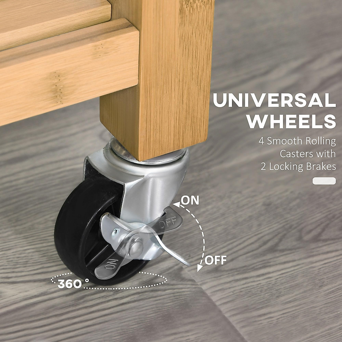 HOMCOM Bamboo Kitchen Island Cart on Wheels, Utility Trolley Cart with 2 Storage Drawers and Open Shelves, Natural