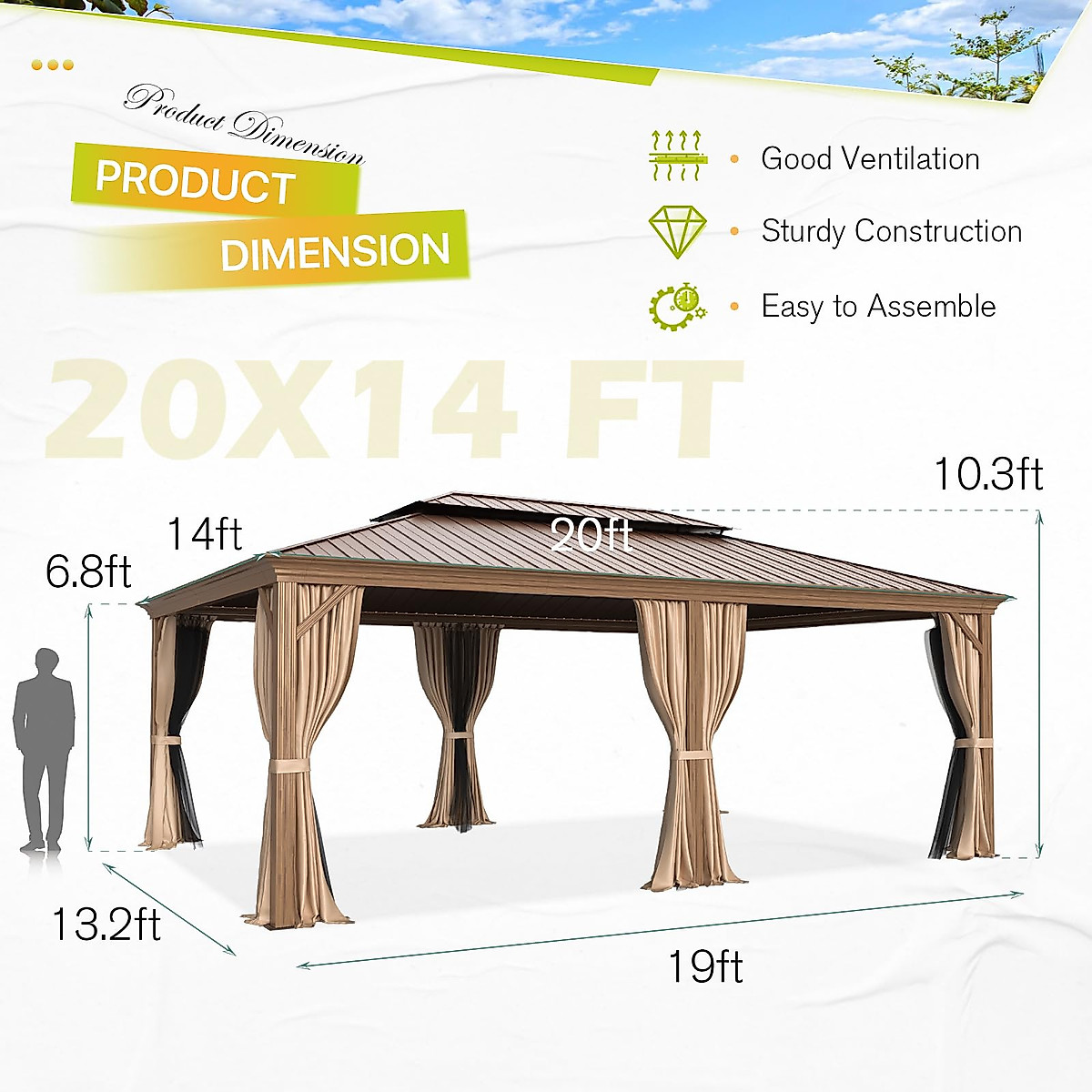 EROMMY 14' x 20' Hardtop Gazebo, Wooden Finish Coated Aluminum Frame Gazebo with Galvanized Steel Double Roof, Brown Metal Gazebo with Curtains and Nettings for Patios, Gardens, Lawns